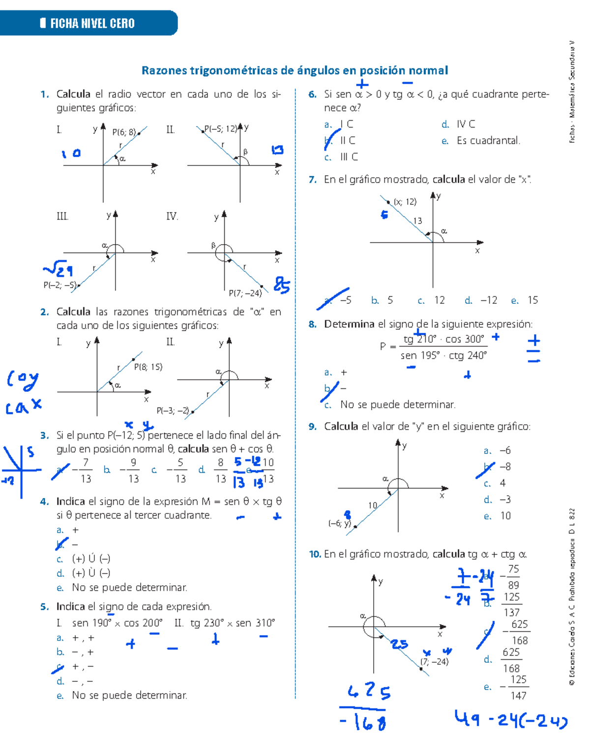 F0 Razones trigonometricas de angulos en posicion normal - FICHA NIVEL CERO Fichas - Matemática ...