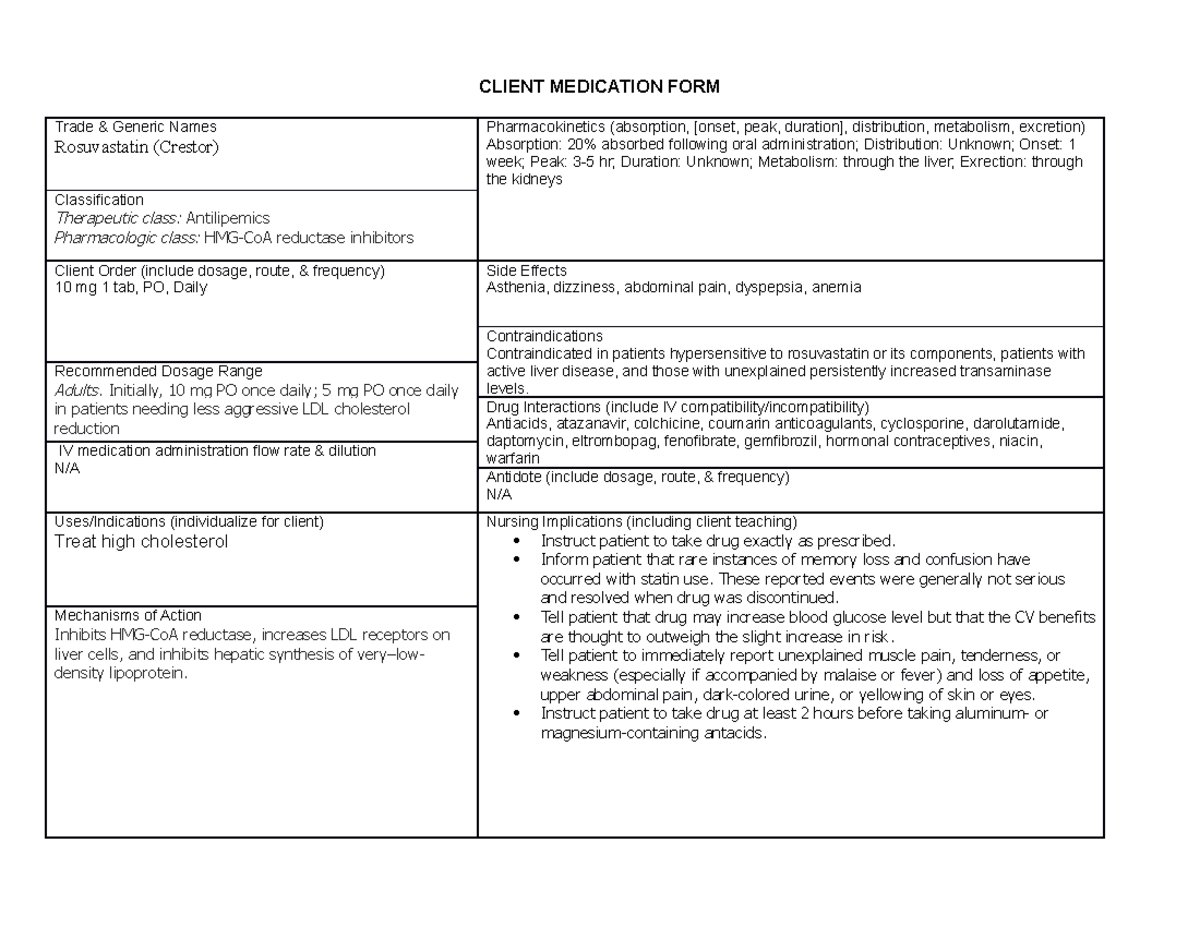 Rosuvastatin (Crestor) - CLIENT MEDICATION FORM Trade & Generic Names ...