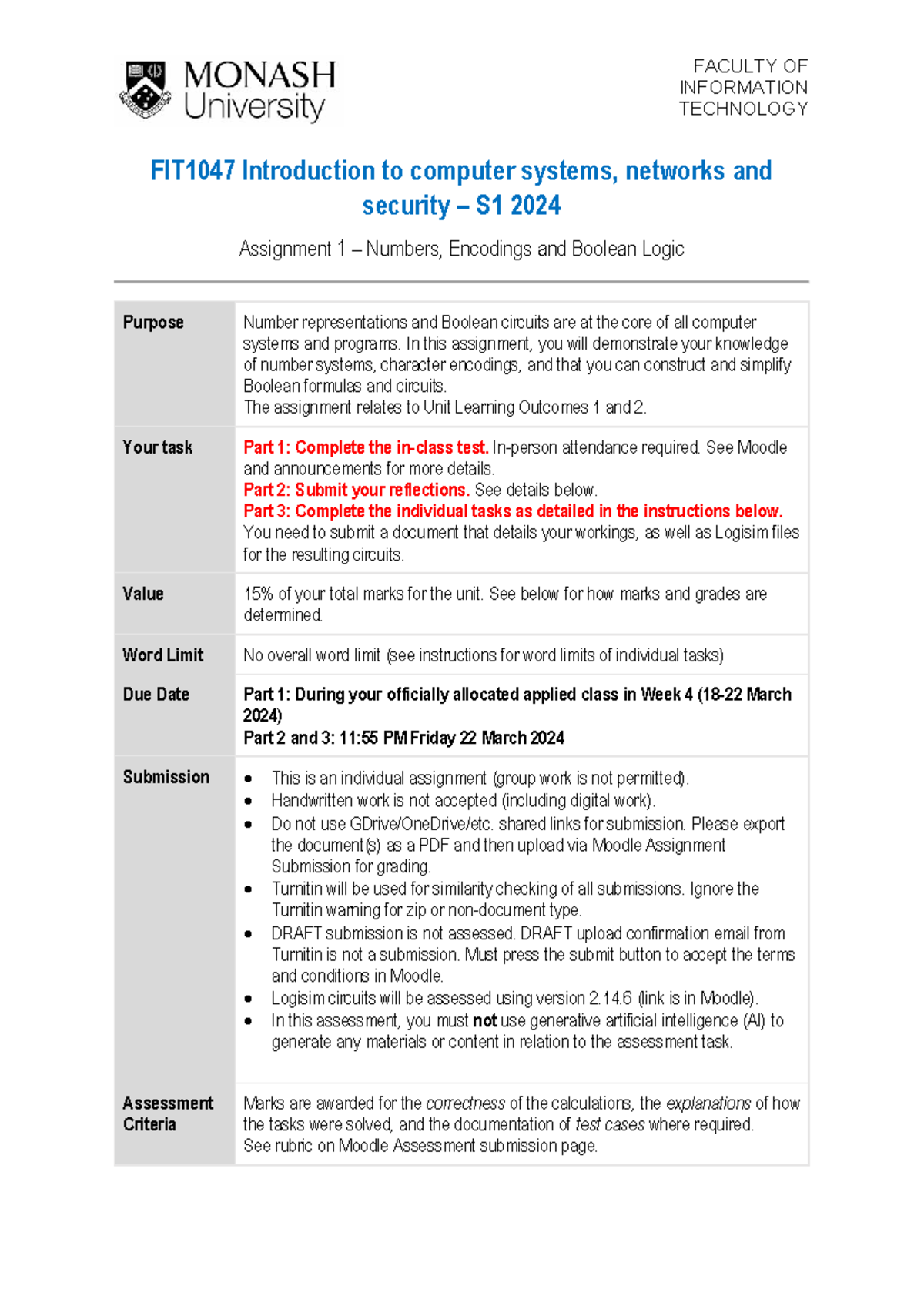 2024 S1 FIT1047 MA Assignment 1 Specification - INFORMATION TECHNOLOGY ...