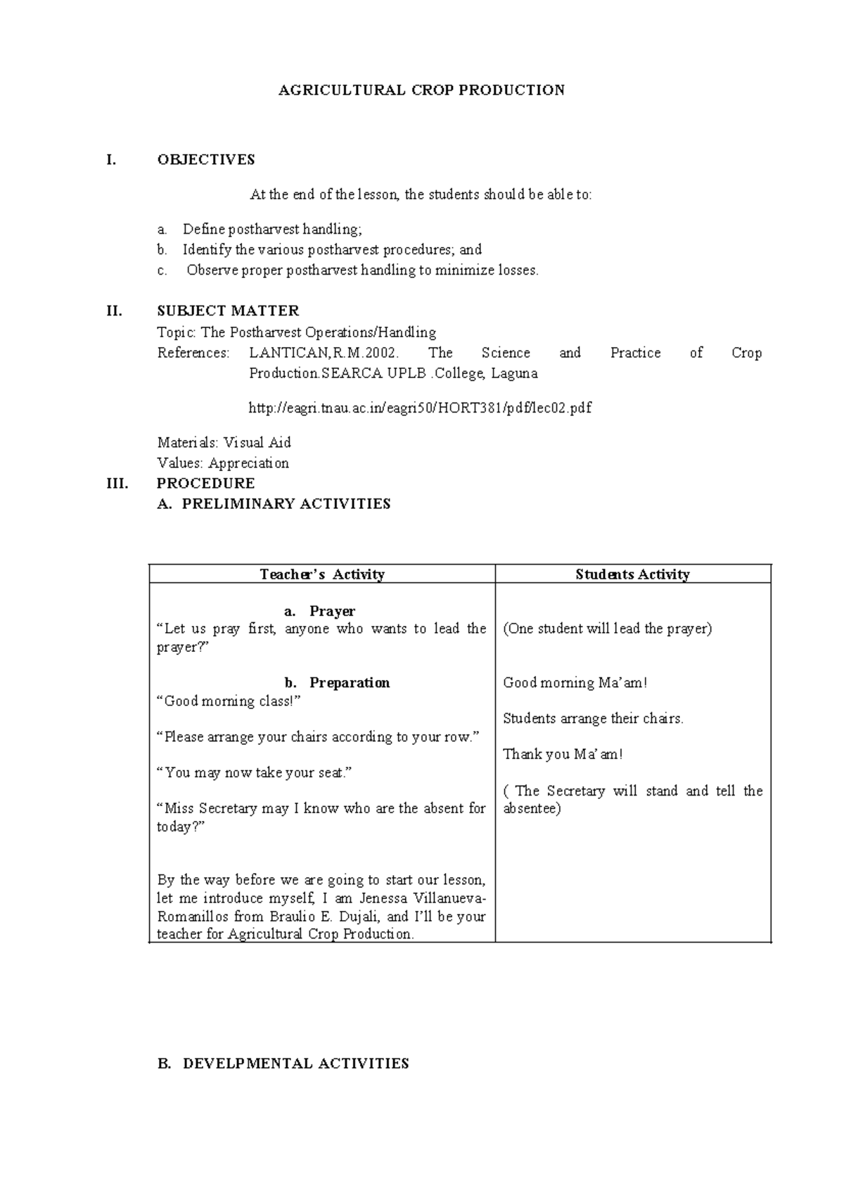 Detailed- Lesson-PLAN - AGRICULTURAL CROP PRODUCTION I. OBJECTIVES At ...