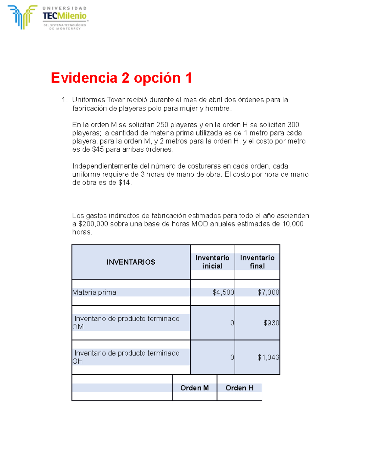 2 Evidencia - Ninguna - Evidencia 2 opción 1 Uniformes Tovar recibió ...