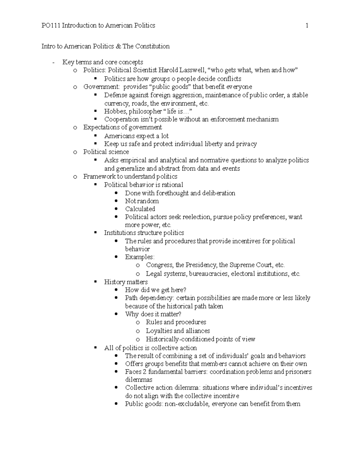PO111 Introduction to American Politics Notes - Intro to American ...