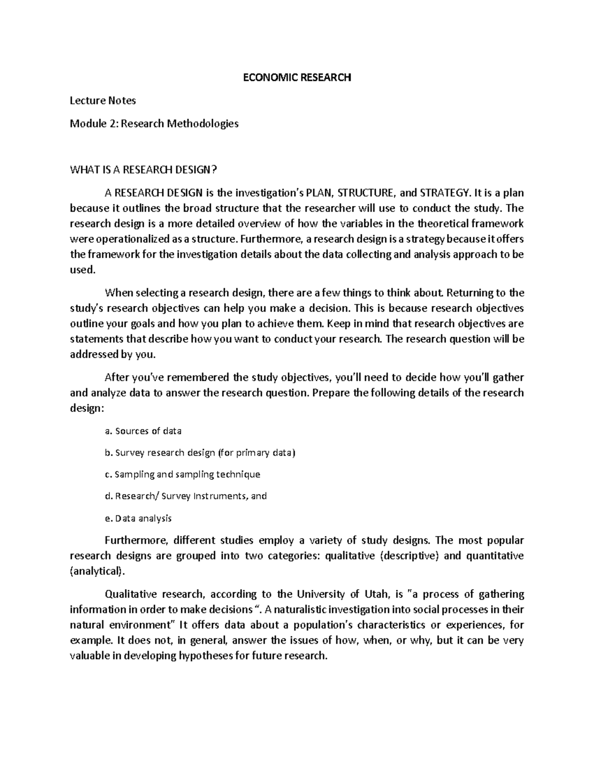 Research Methodologies - ECONOMIC RESEARCH Lecture Notes Module 2 ...