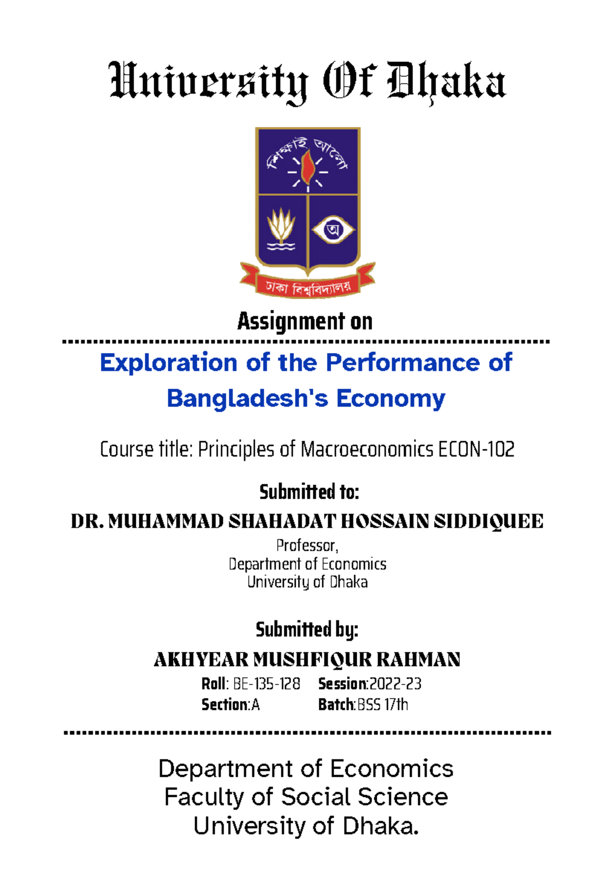Akhyear Macro Assignment - University Of Dhaka Assignment on Exploration of the Performance of ...