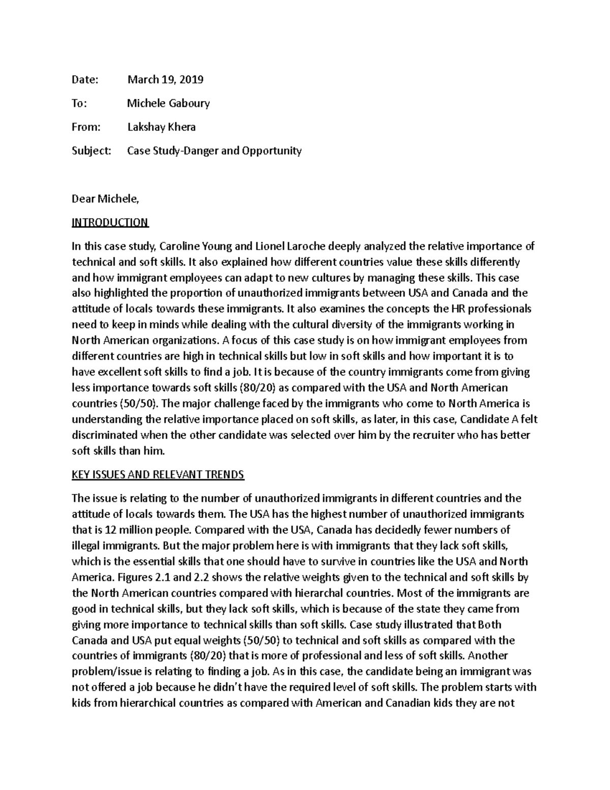 Case study 2 - MUST DO - Date: March 19, 2019 To: Michele Gaboury From ...