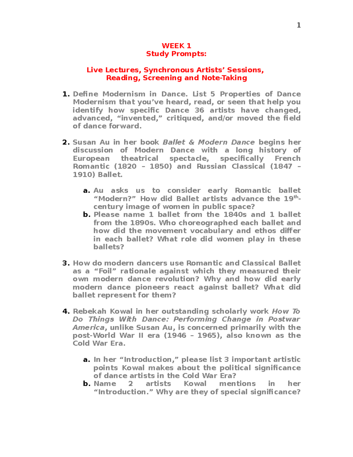 Study Prompts.WEEK 1 - WEEK 1 Study Prompts: Live Lectures, Synchronous ...