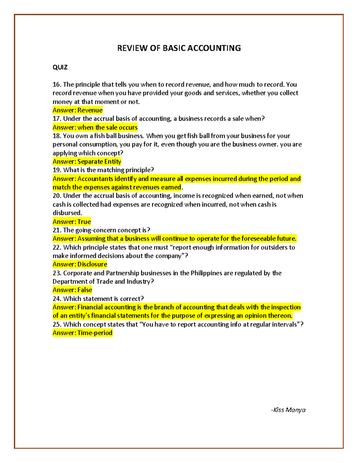 RBA - Quiz 1 (Part 2) - identify what accounting concept/ guidelines ...