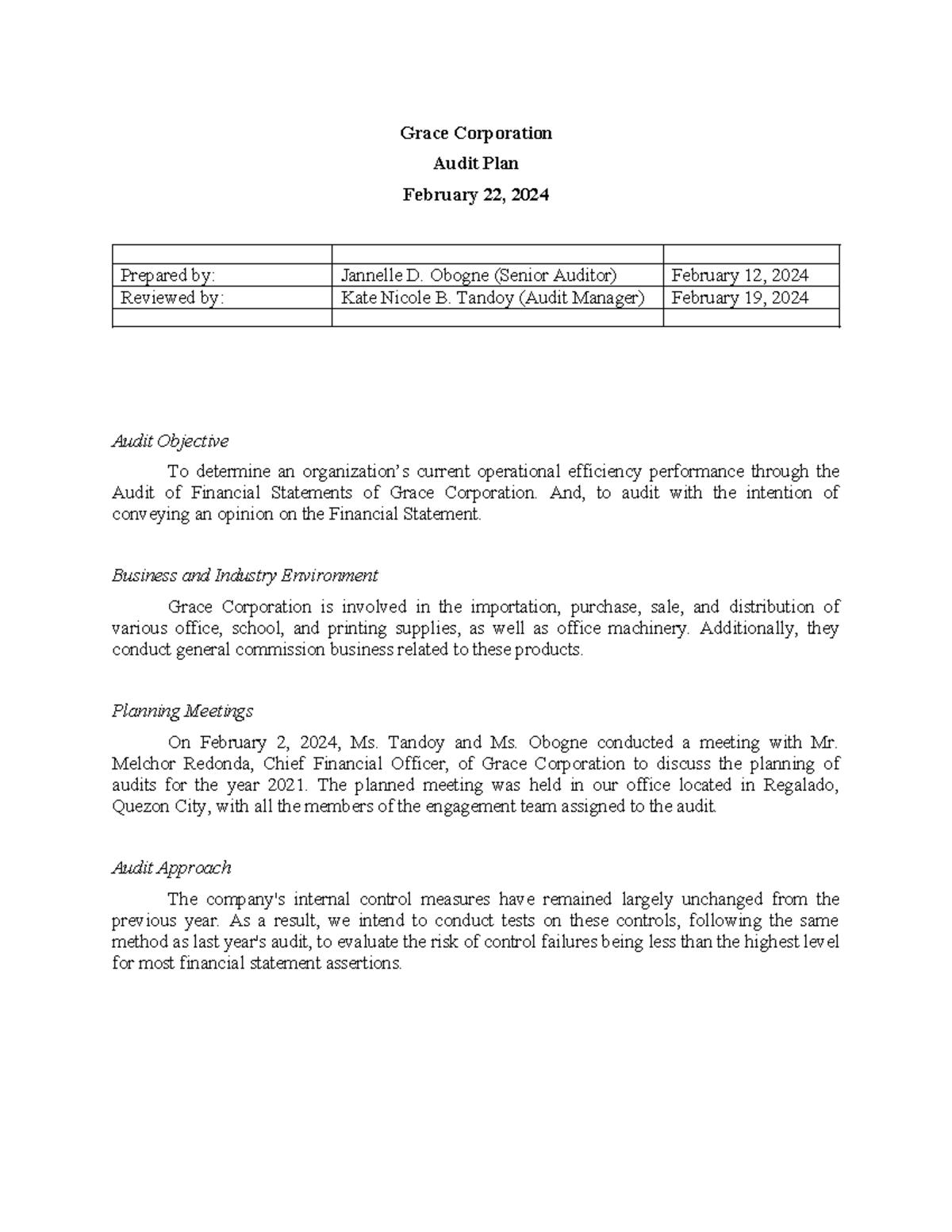 Audit Plan - Practical Auditing - Grace Corporation Audit Plan February 22, 2024 Prepared by ...
