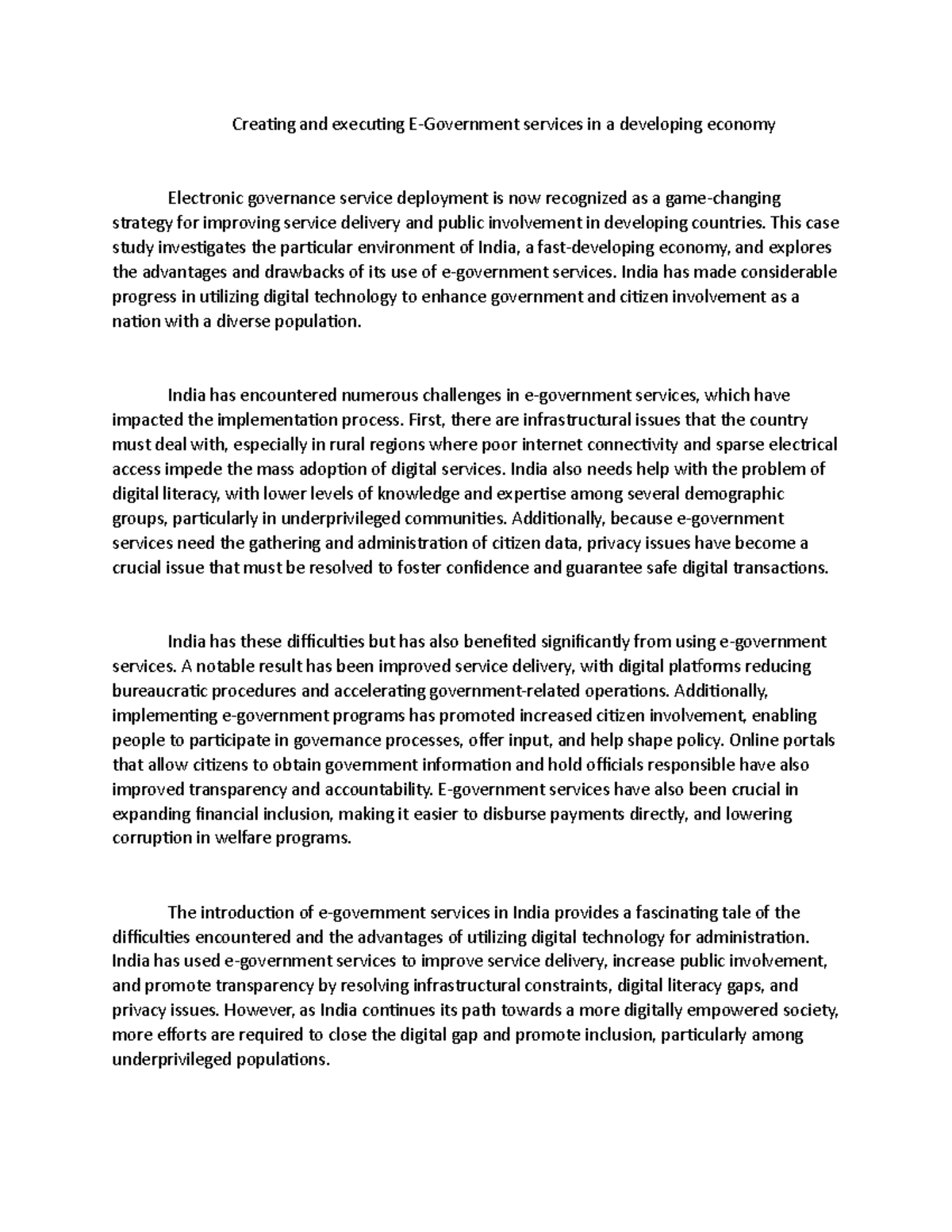 Creating and executing E-Government services in a developing economy ...