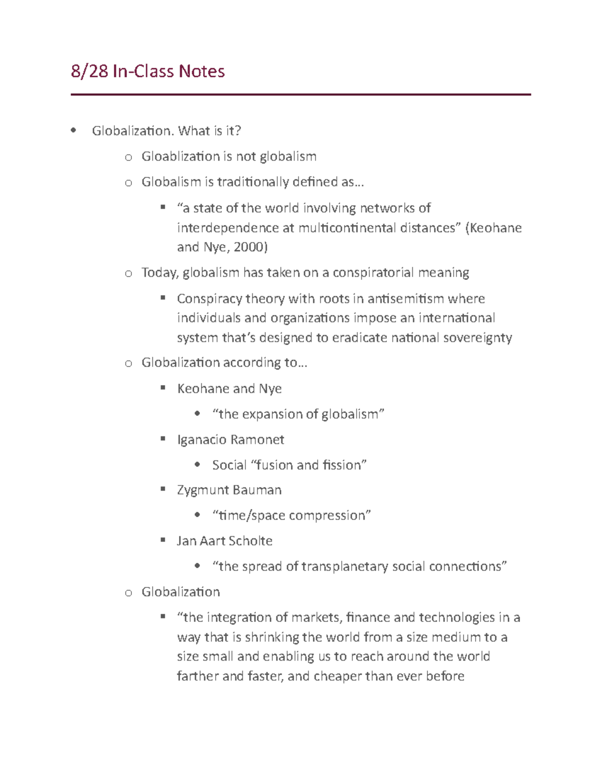In-Class Notes: The Globalization Debate - 8/28 In-Class Notes ...