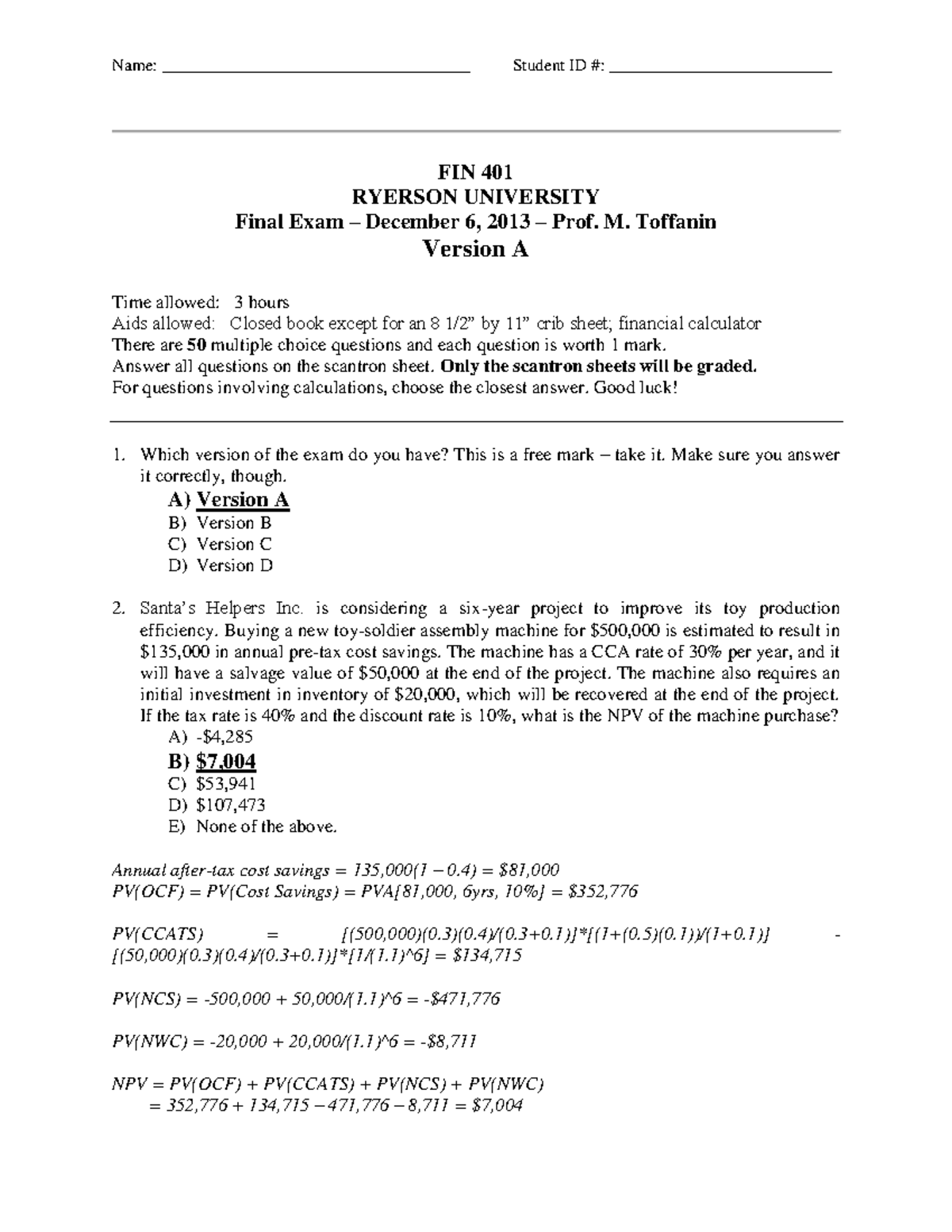 FIN401 Practice Final 1 Soln - FIN 401 RYERSON UNIVERSITY Final Exam ...