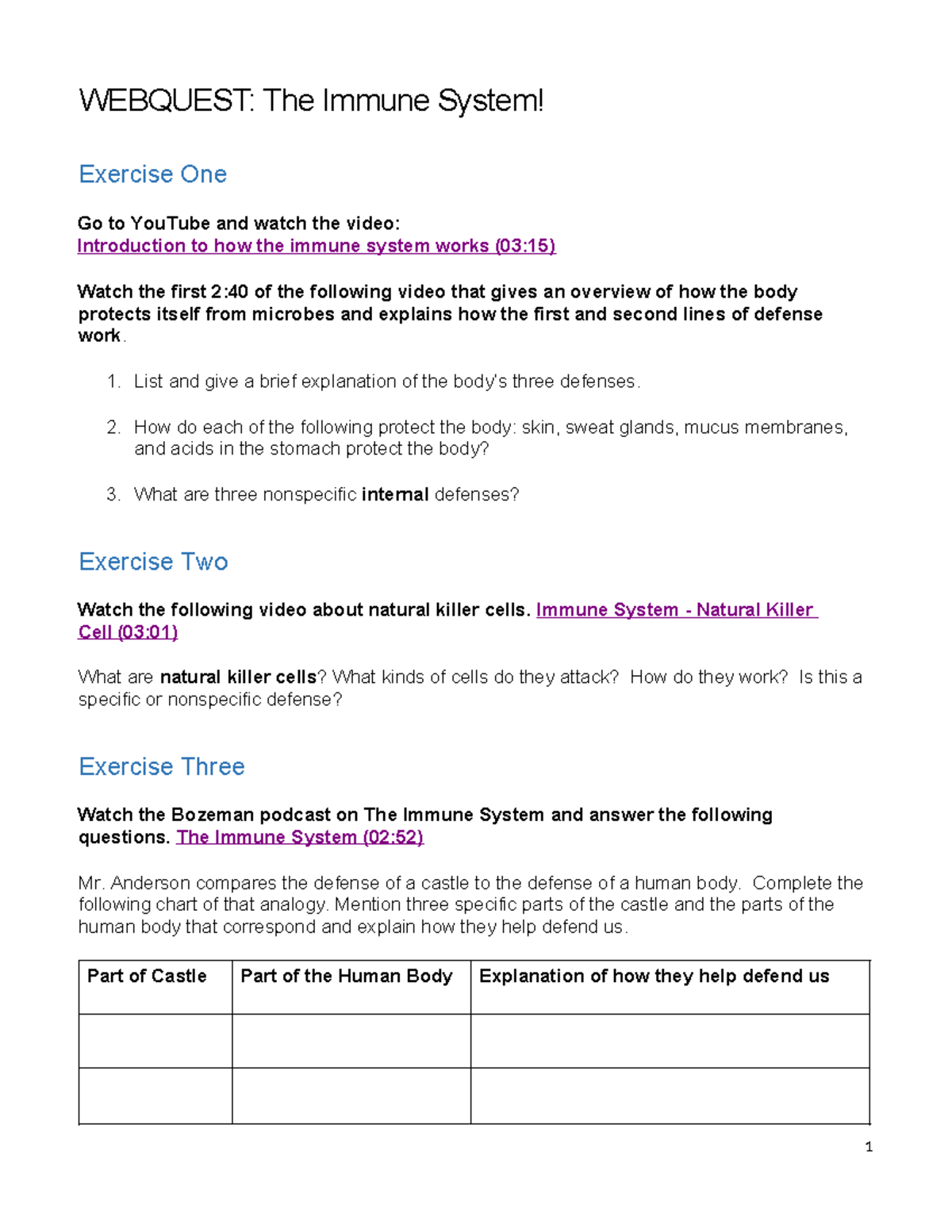 Immune System Web Quest uag (MS Word) - WEBQUEST: The Immune System ...