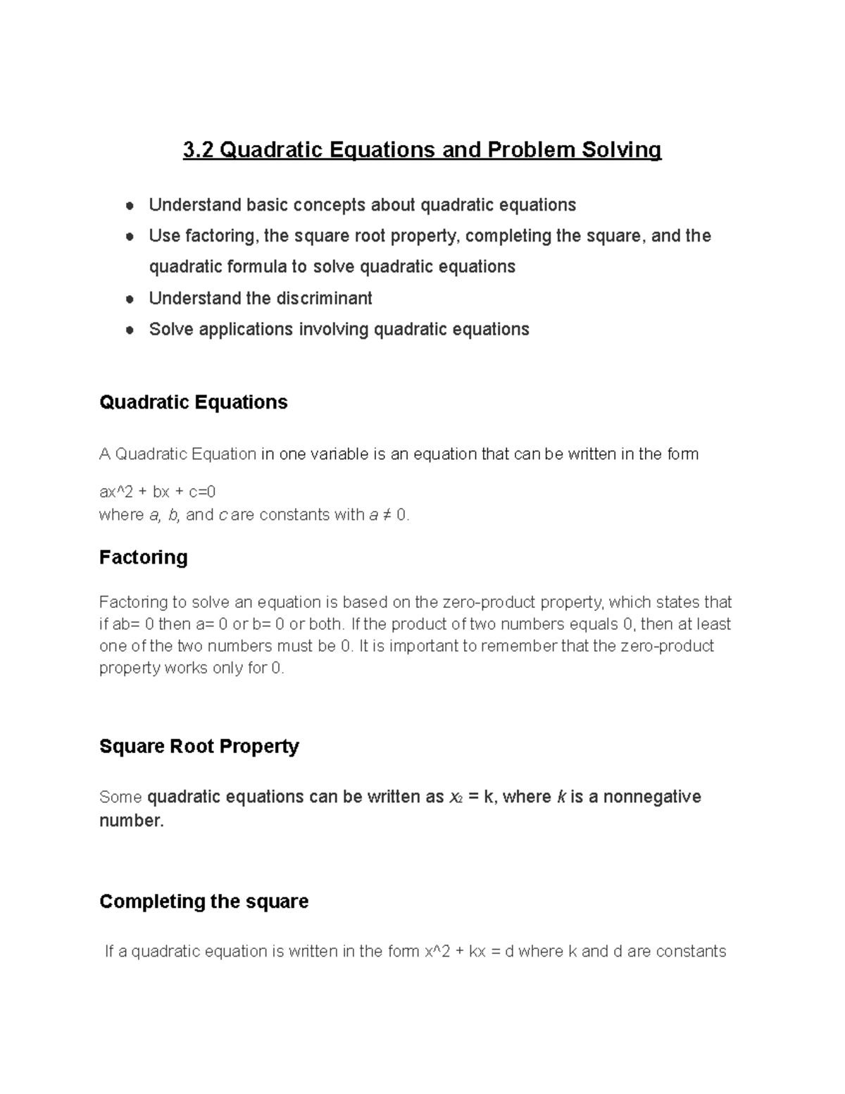 3.2 Quadratic Equations and Problem Solving - Factoring Factoring to ...