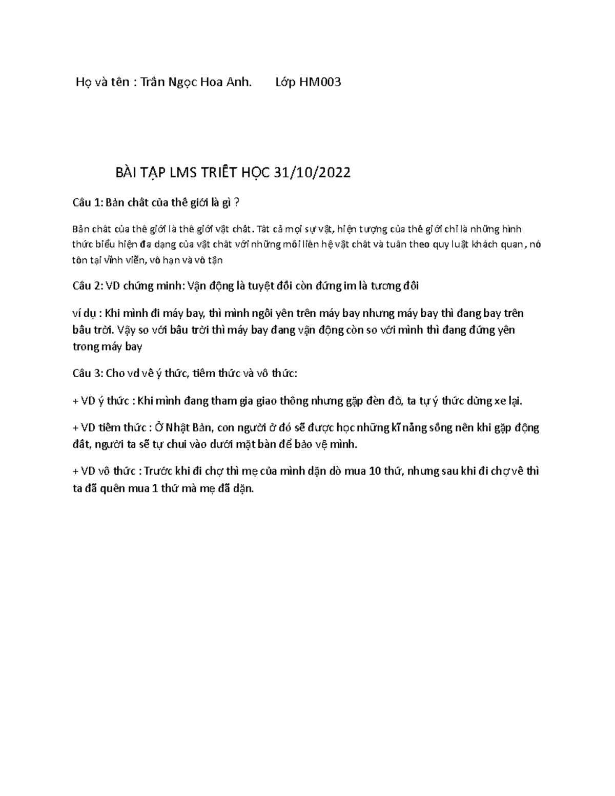 BT LMS Triết học - uytjgyjytuy - H ọ và tên : Trầần Ng c Hoa Anh.ọ L p HM003ớ BÀI T P LMS TRIẾẾT ...