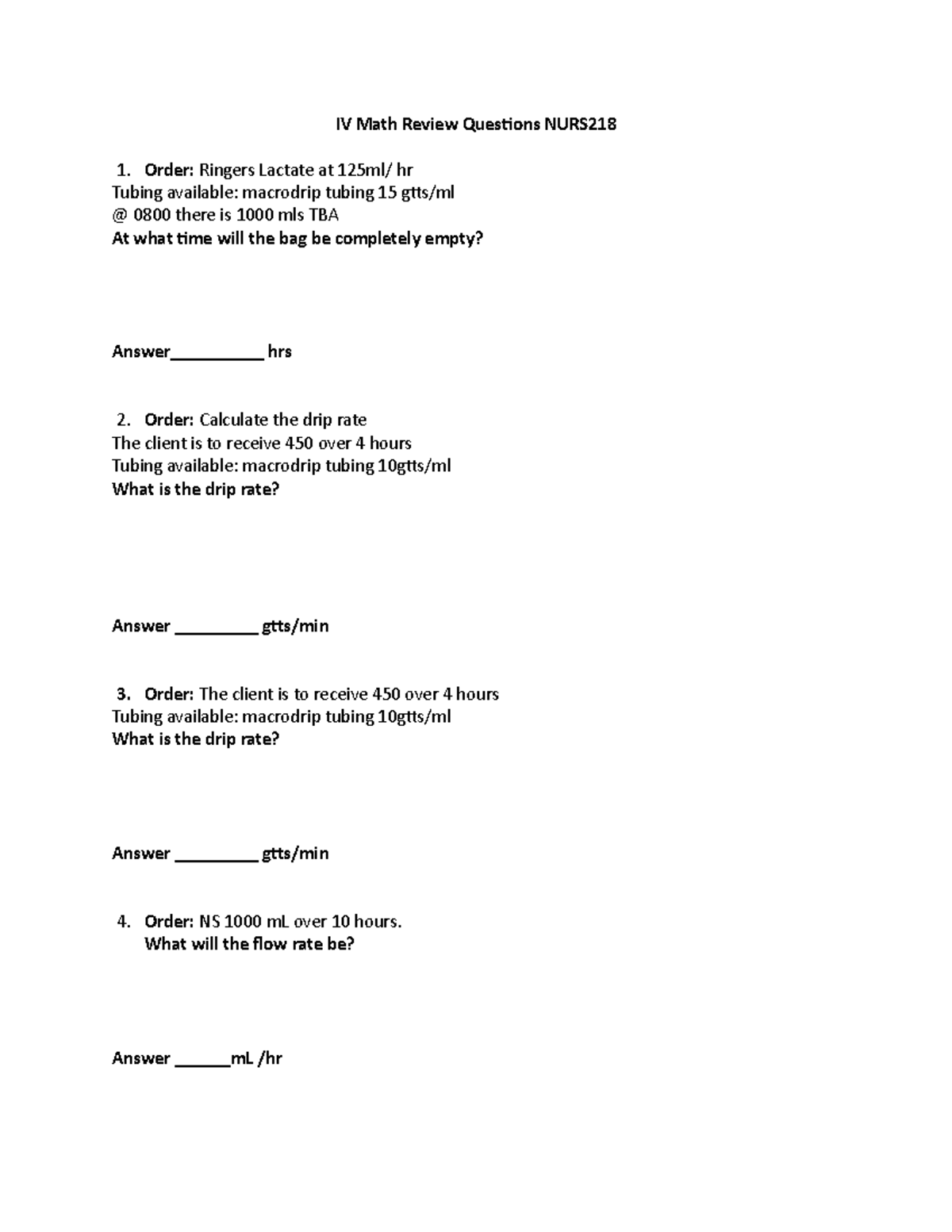 IV Math Review Questions NURS218 - IV Math Review Ques0ons NURS Order ...