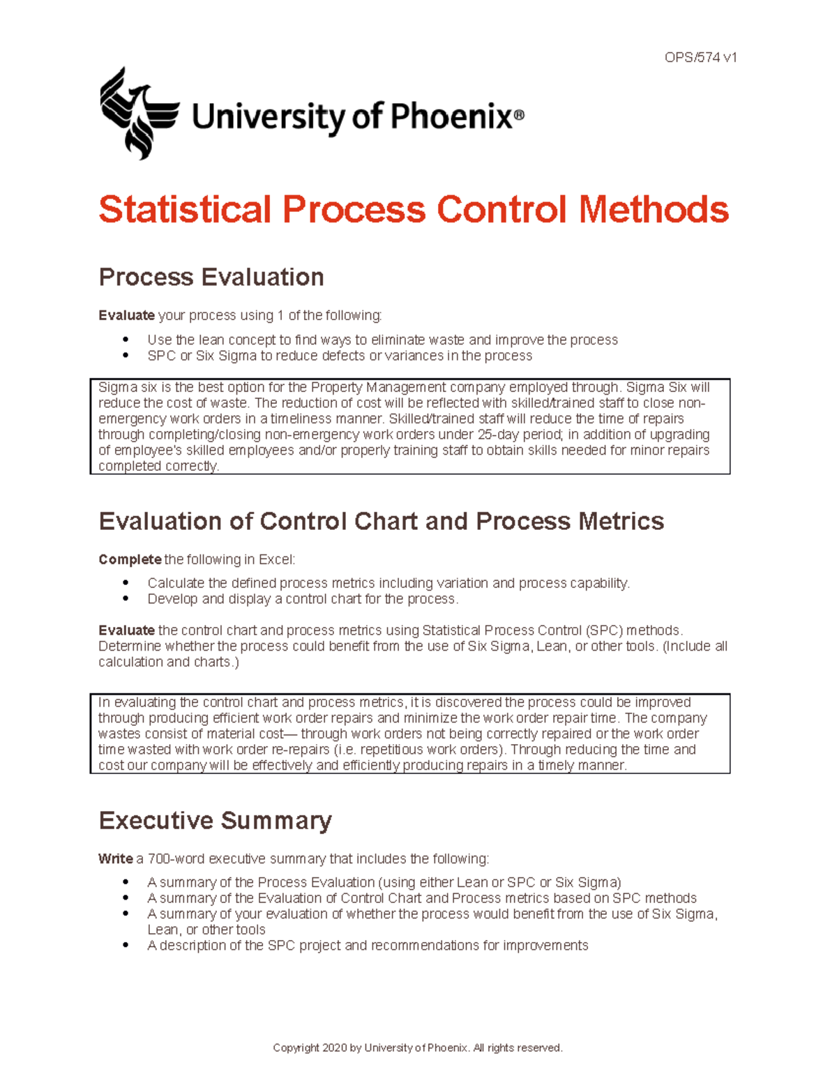 L Scharborough Control Process WKST W2 - OPS/574 v Statistical Process Control Methods Process ...