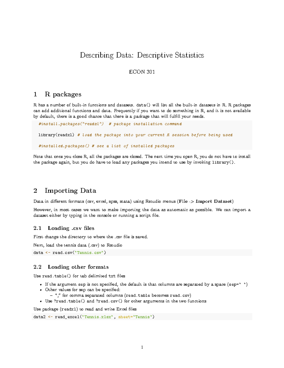 Describing-Data-I - Lecture - Describing Data: Descriptive Statistics ECON 301 1 R packages R ...