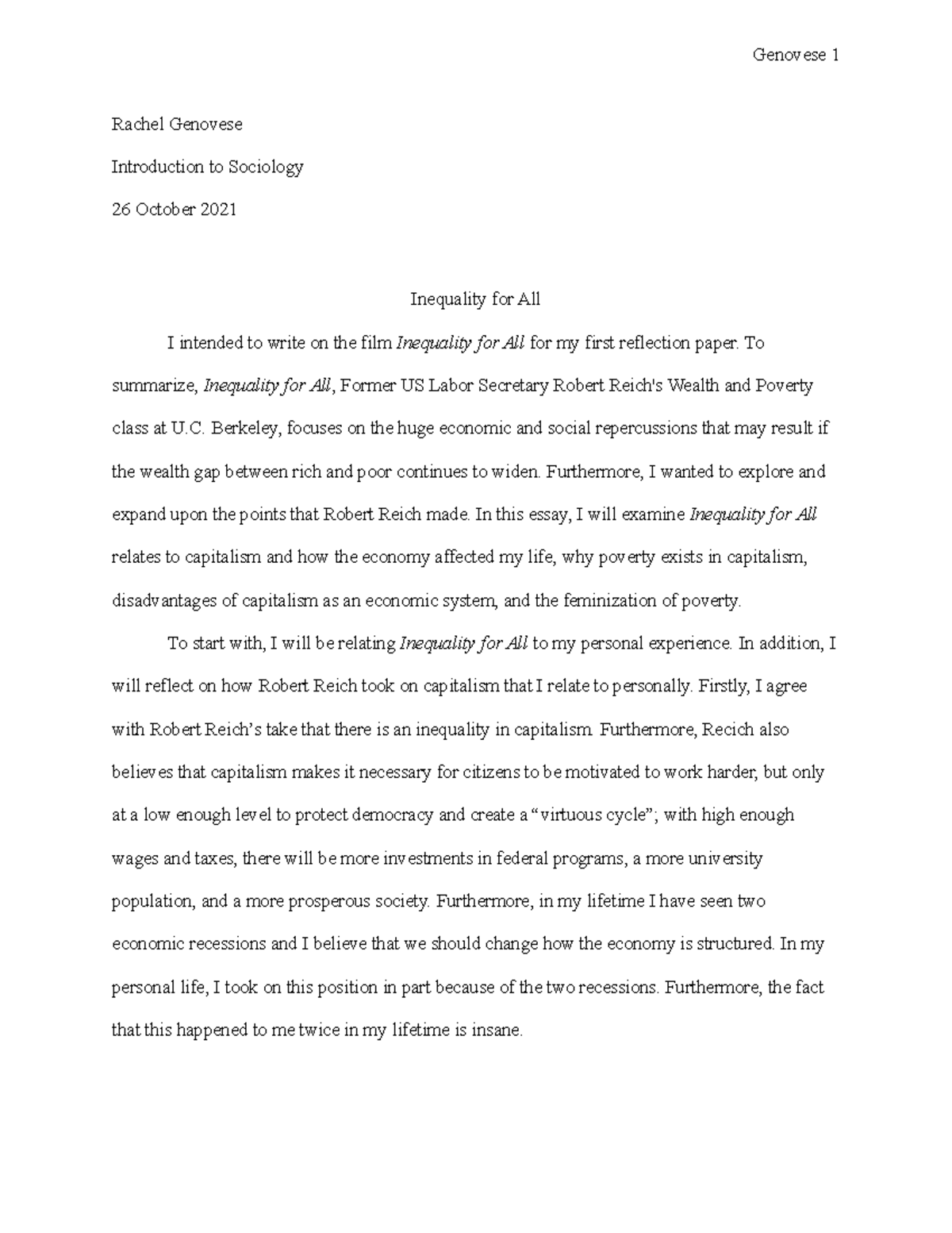 Reflection Paper #1 - enjoy - Rachel Genovese Introduction to Sociology ...
