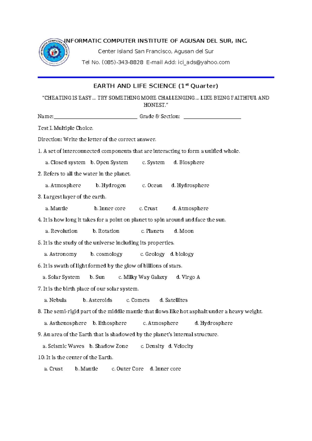 1st Exam (Earth and Life Science) - INFORMATIC COMPUTER INSTITUTE OF ...