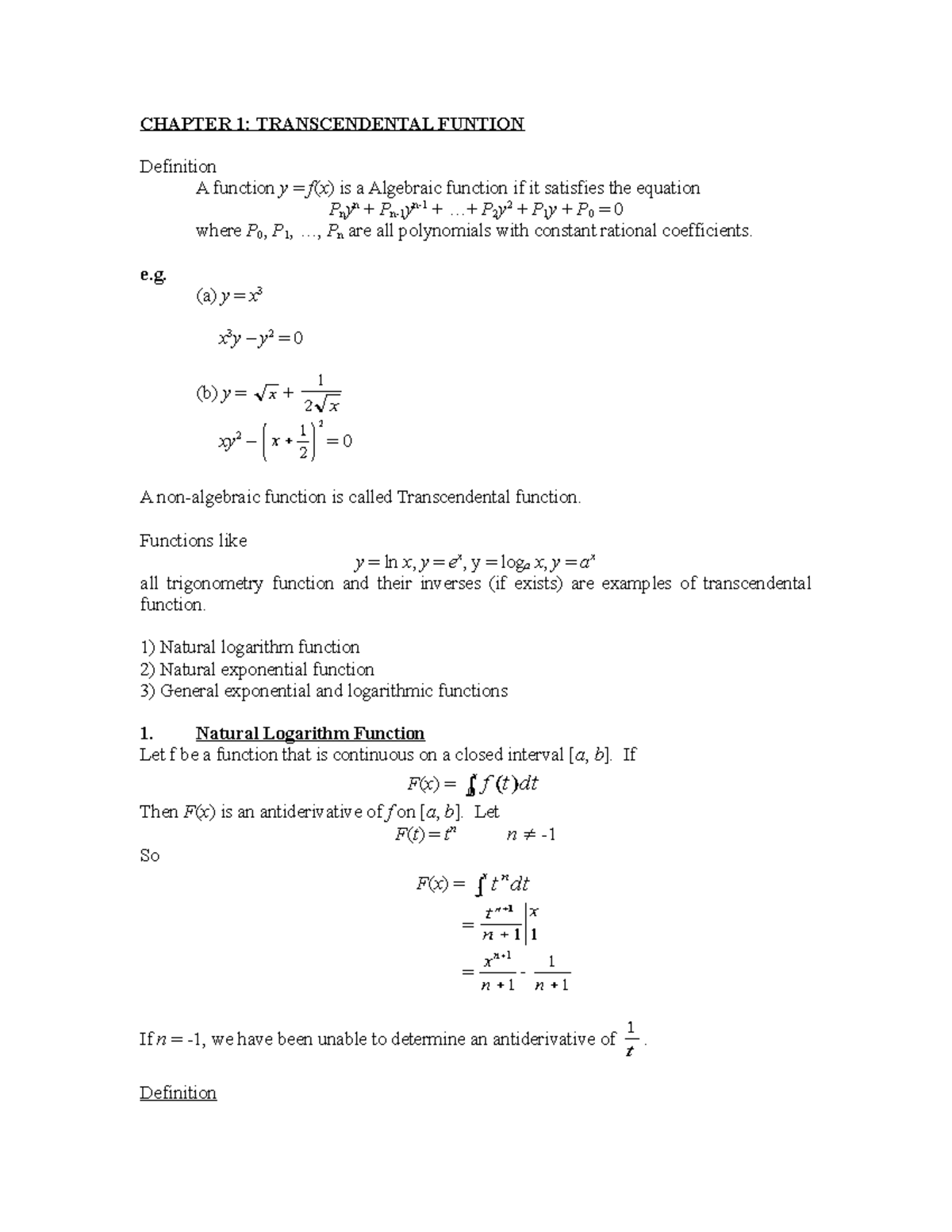 Chapter 1 - Lecture notes 1 - ####### CHAPTER 1: TRANSCENDENTAL FUNTION ...