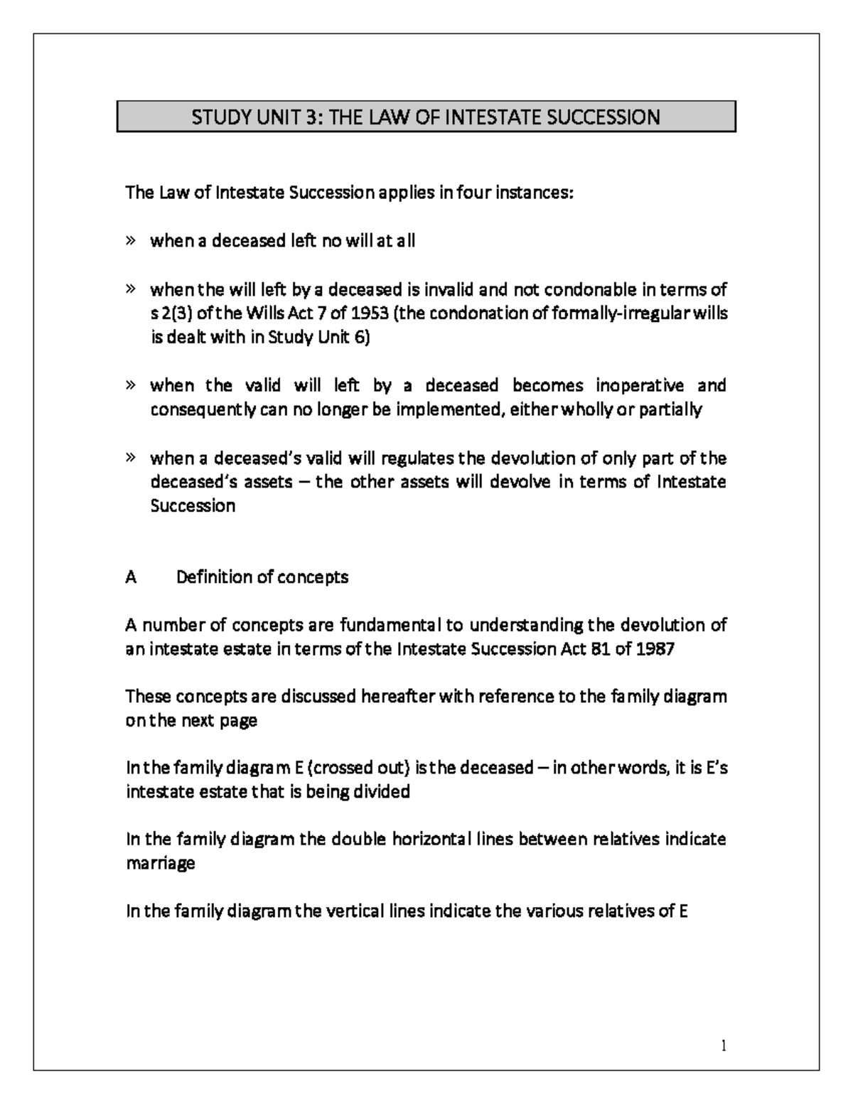 Succession unit 03 - STUDY UNIT 3: THE LAW OF INTESTATE SUCCESSION The ...