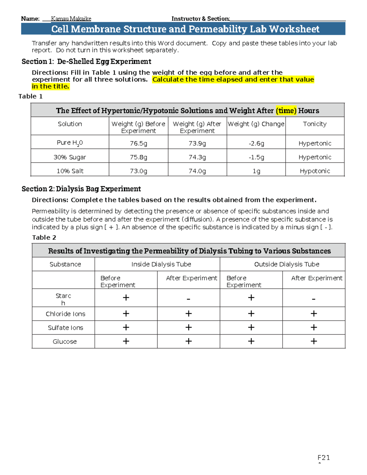 4 Cell Membrane worksheet F21 - Scientific Method Lab Worksheet Name ...
