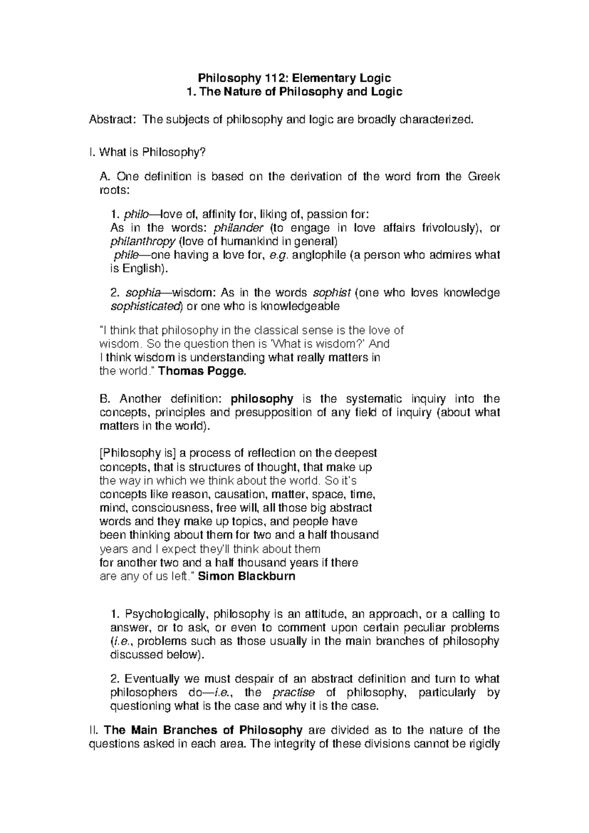 1 The Nature of Philosophy and Logic - Philosophy 112: Elementary Logic ...