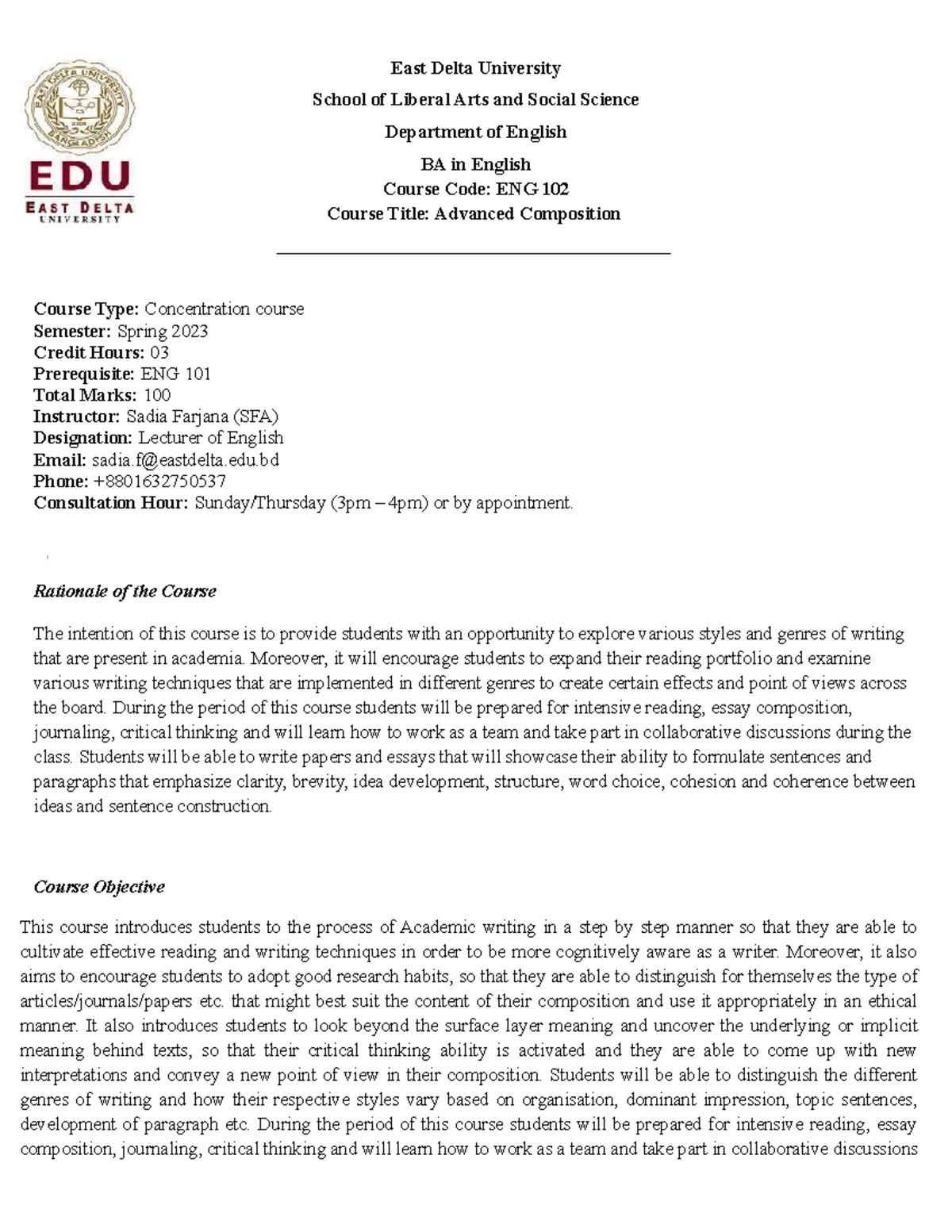 ENG 102 OBE Course Outline SFA - East Delta University School of ...