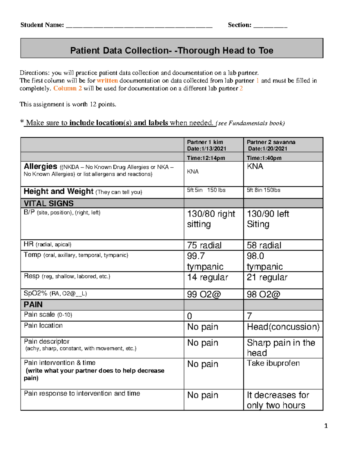 2021 Skills Patient Data Collection Thorough Head to Toe Revised 2 ...