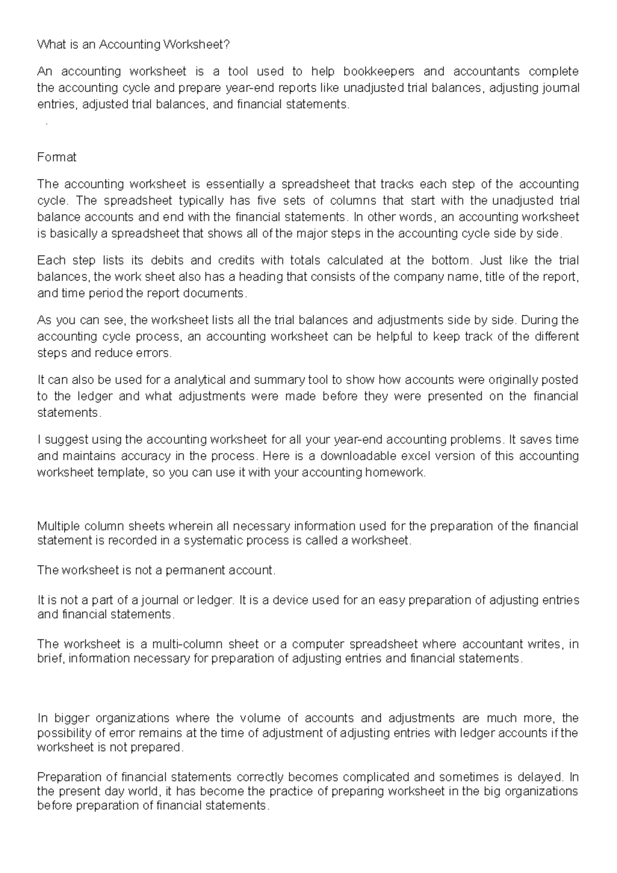 What is an Accounting Worksheet - Format The accounting worksheet is ...