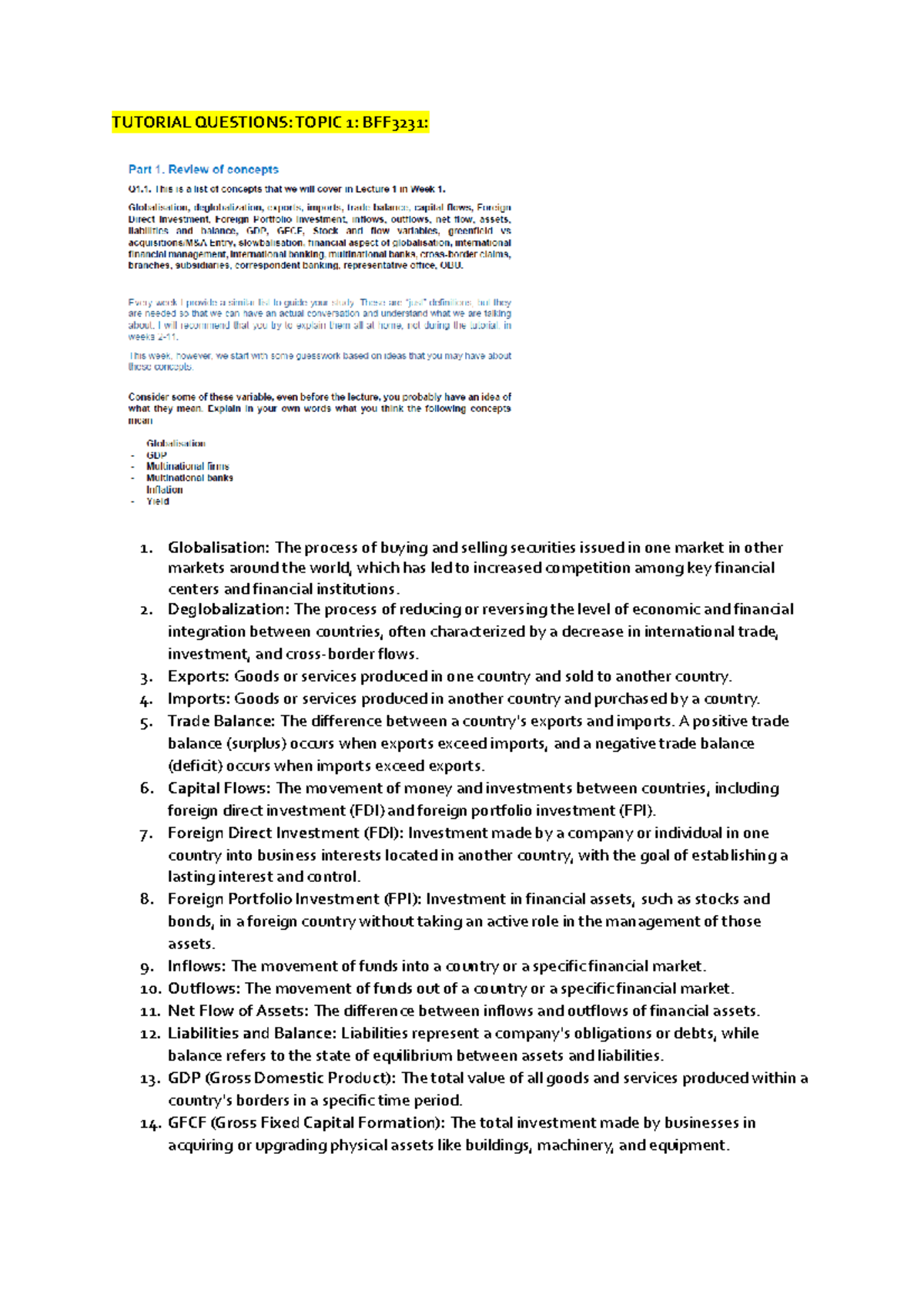 BFF3231 Tutorial 1 Questions - TUTORIAL QUESTIONS: TOPIC 1: BFF3231: Globalisation: The process ...