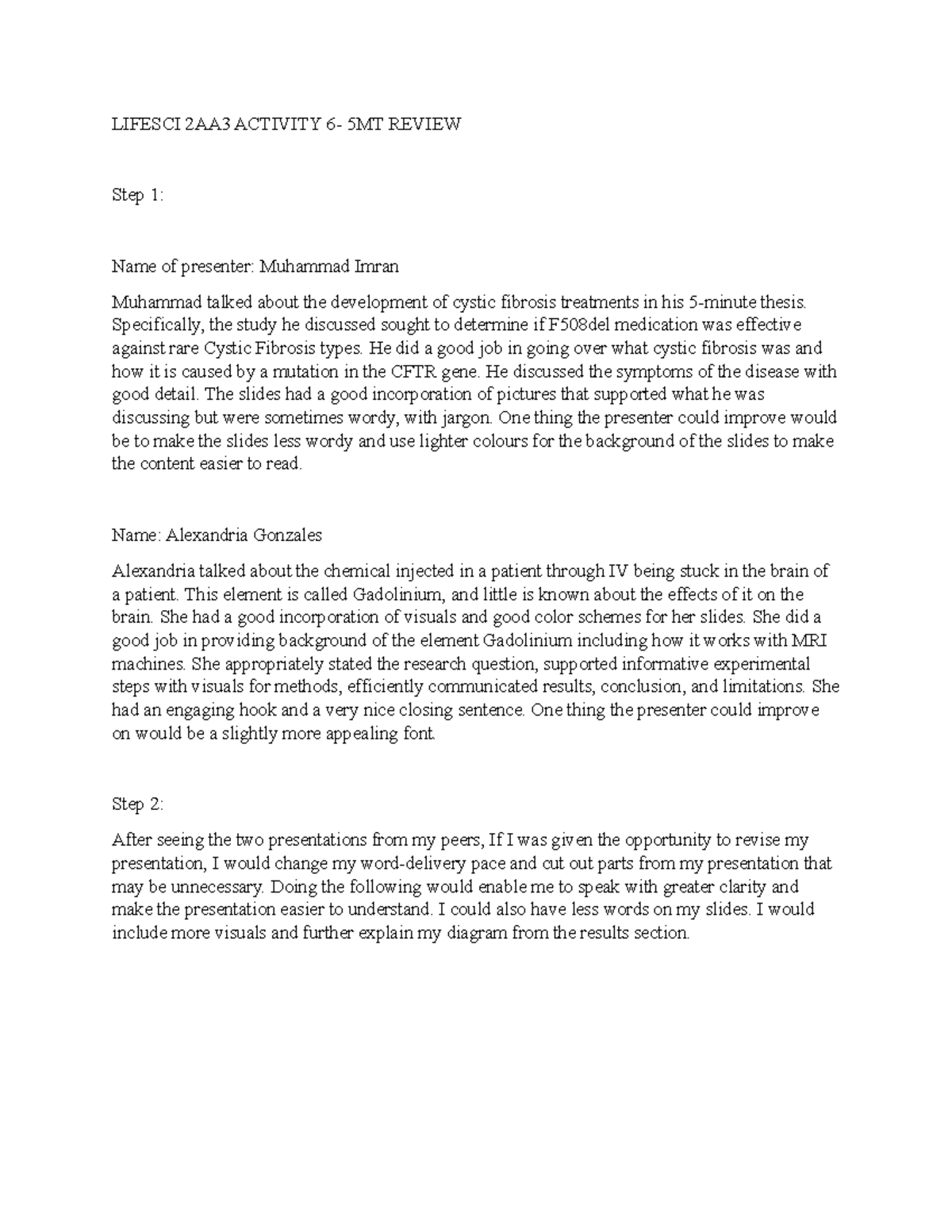 Lifesci 2AA3 Activity 6 - LIFESCI 2AA3 ACTIVITY 6- 5MT REVIEW Step 1 ...