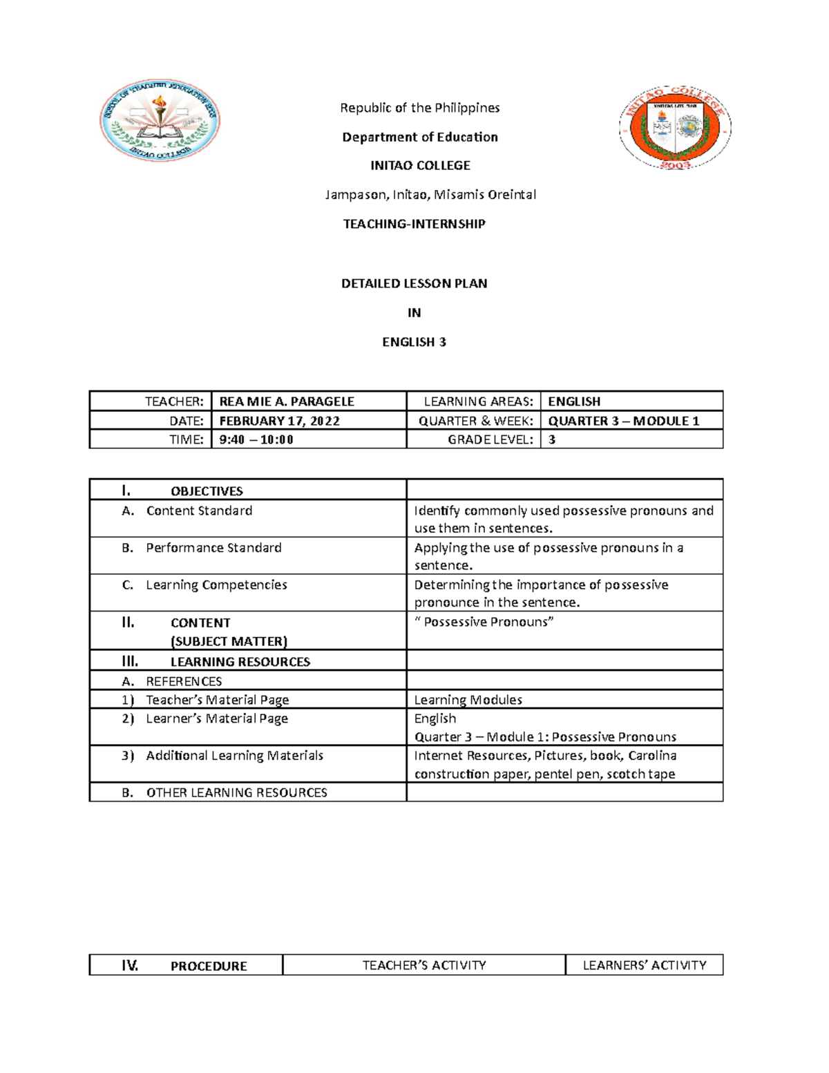 DLP- English in 3rd Grade - Republic of the Philippines Department of ...