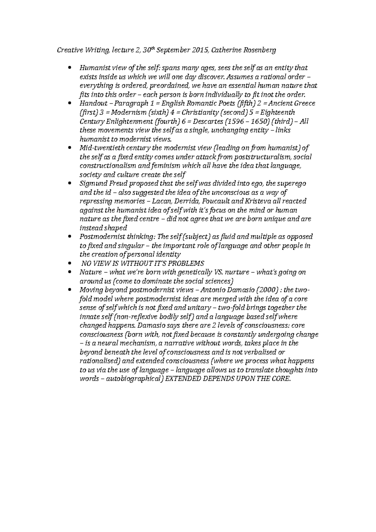 CW Lecture 2, theory notes - Creative Writing, lecture 2, 30th ...