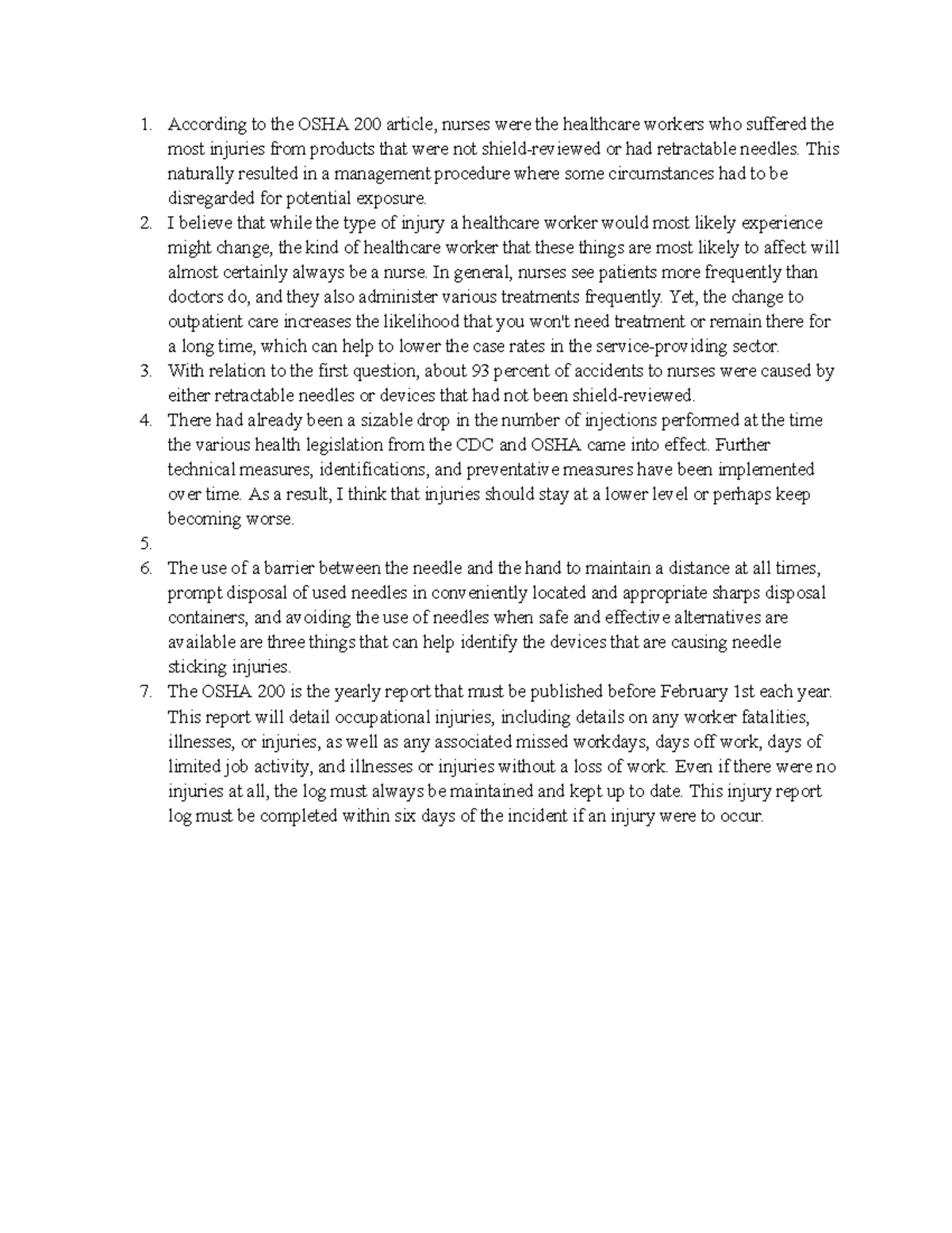 Med Insurance Lec 7 - According to the OSHA 200 article, nurses were ...