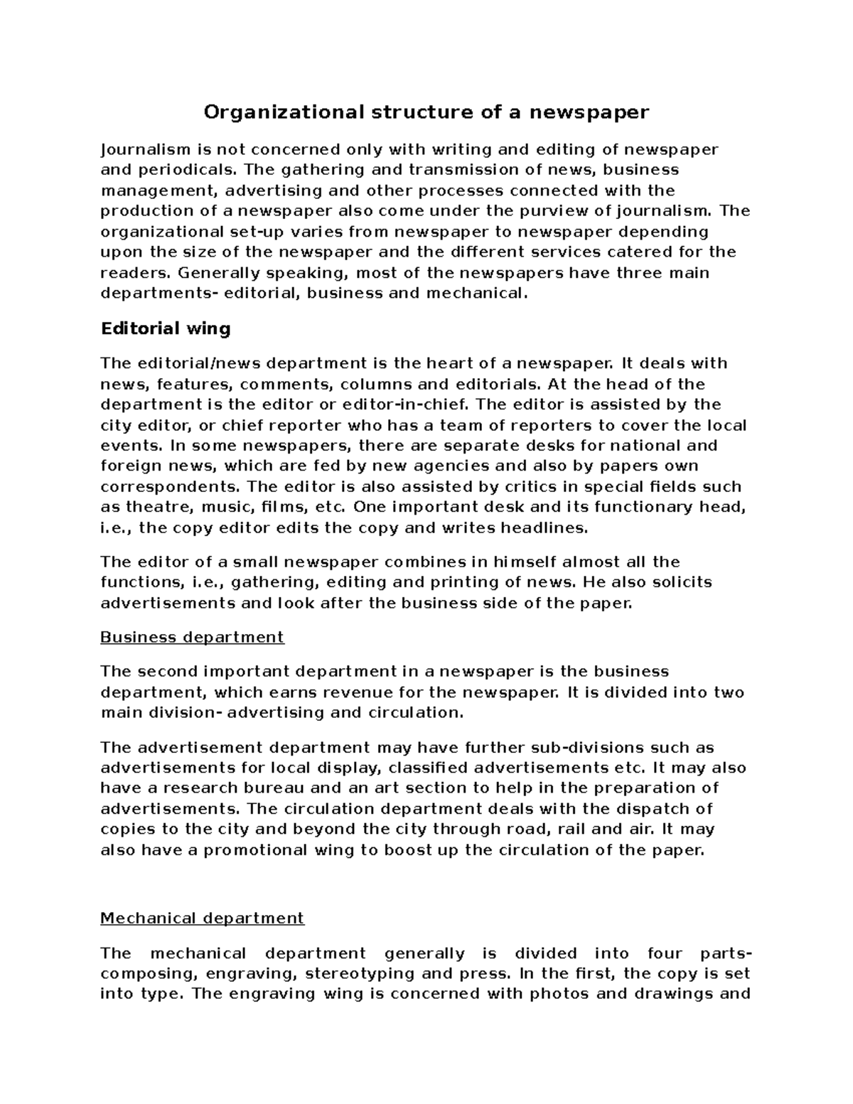 Editing notes - Organizational structure of a newspaper Journalism is ...