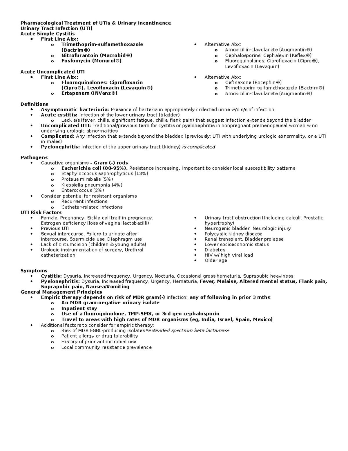 Pharm 2 - UTI - Pharmacological Treatment of UTIs & Urinary ...