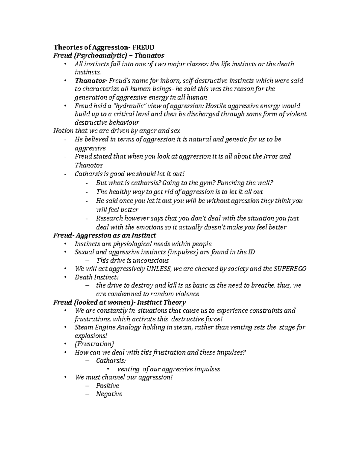 Lecture notes, Theories of Aggression - Theories of FREUD Freud ...