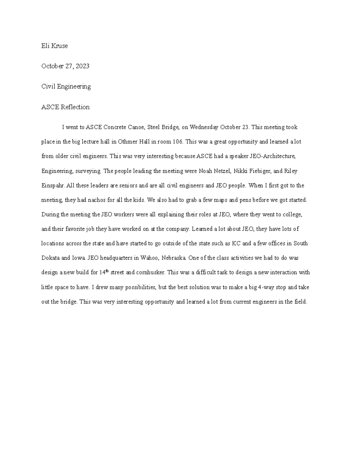 Reflection 2 - The is From chemistry - Eli Kruse October 27, 2023 Civil ...