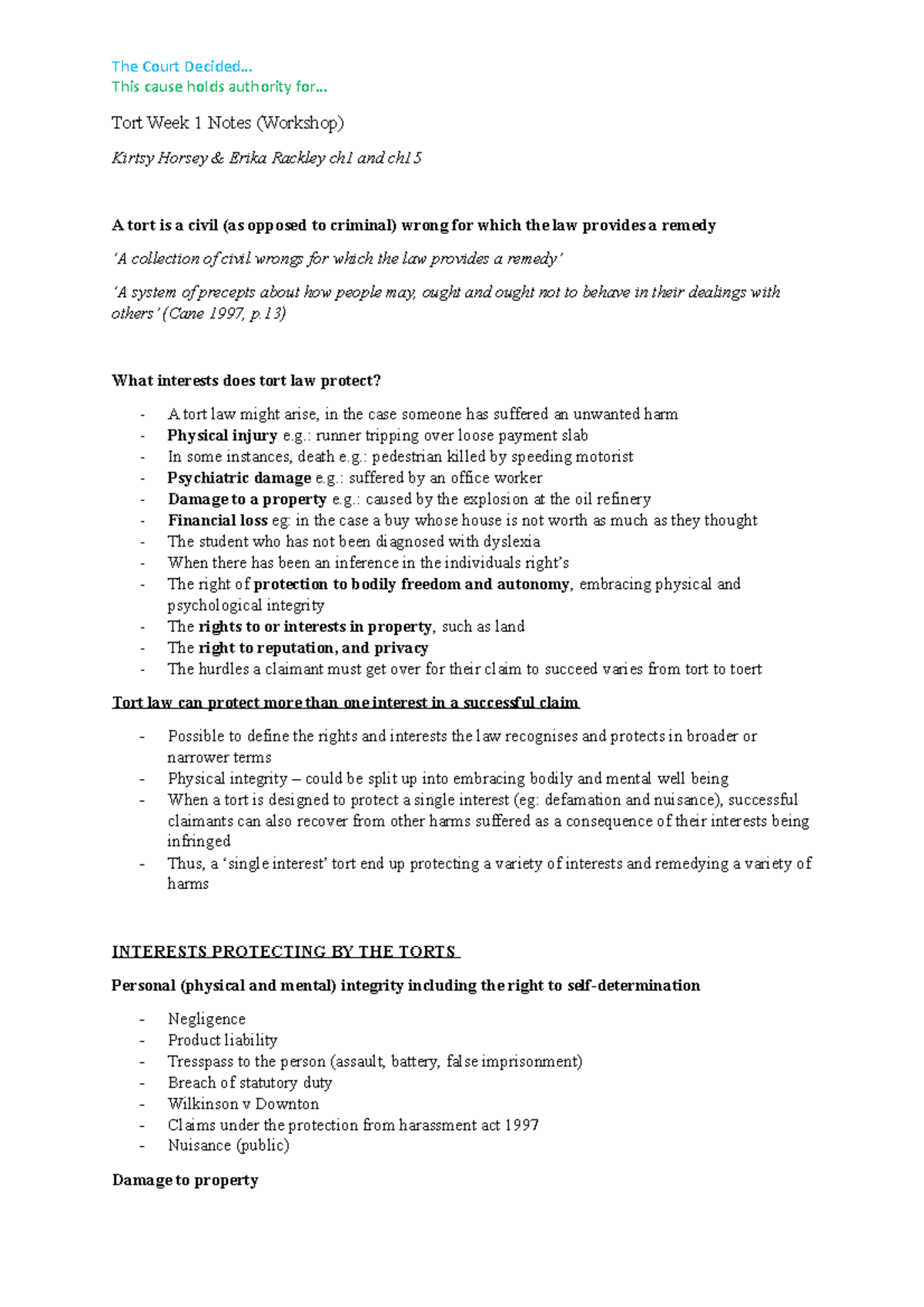Tort Week 1 Reading (for workshop) - This cause holds authority for ...