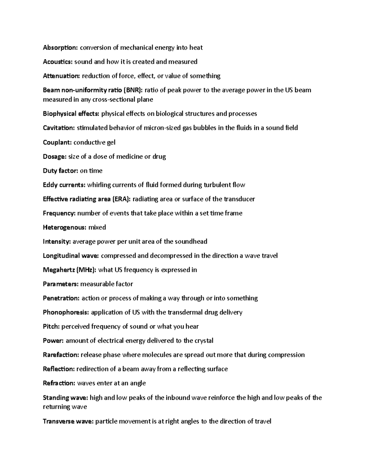 Modalities Chapter 5 Key Terms - Absorption: conversion of mechanical ...