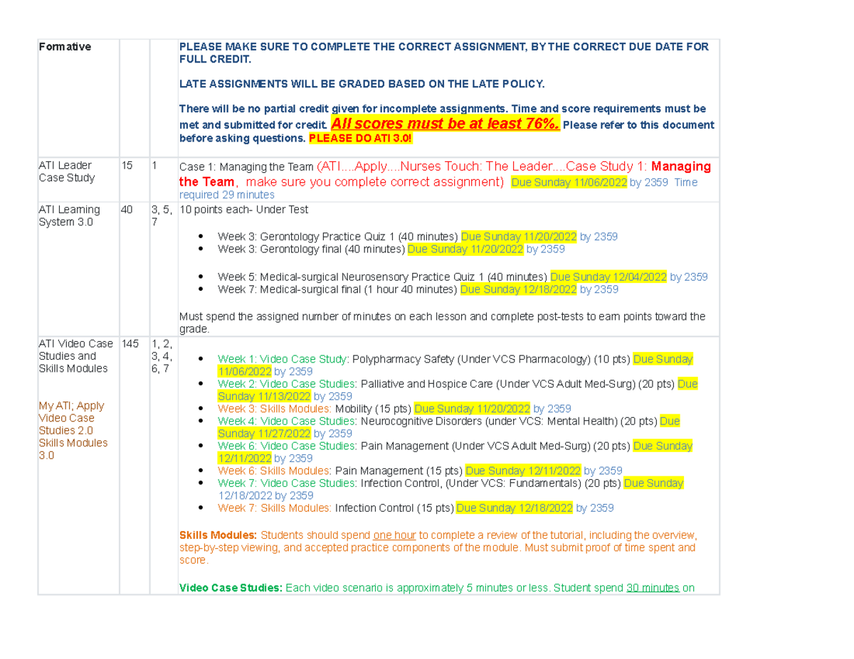 Nurs201Due date worksheet Fallii 2022 - Formative PLEASE MAKE SURE TO ...