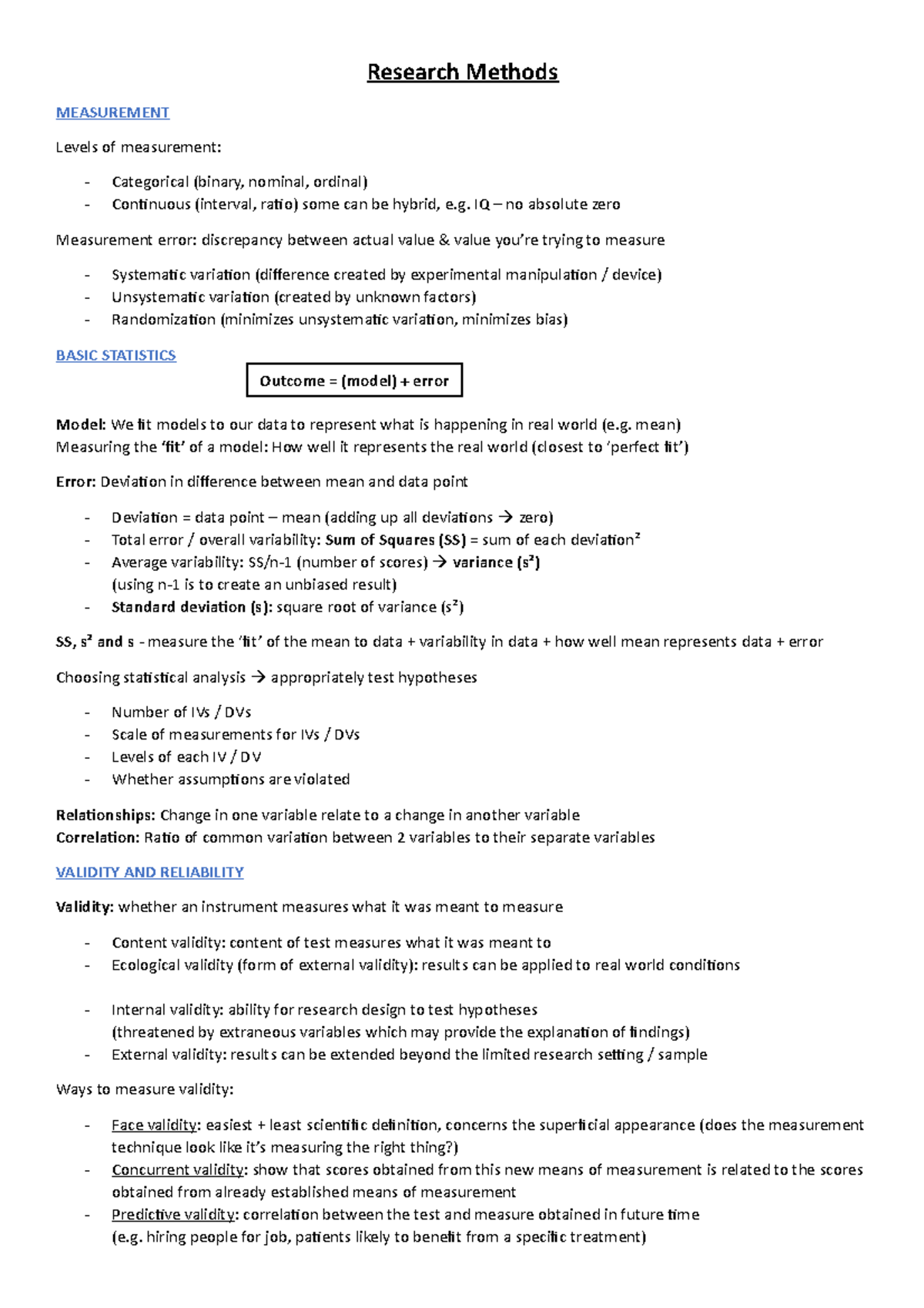 Research Methods - Lecture notes 1-10 - Research Methods MEASUREMENT ...