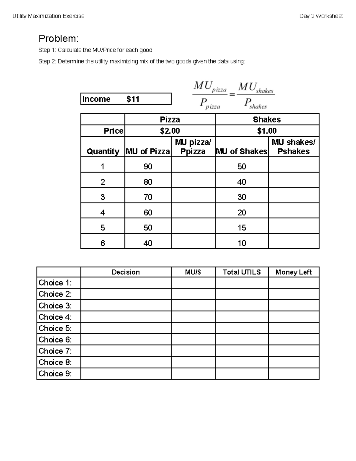 Marginal Utility Activity - CIS-288 - Utility Maximization Exercise Day ...