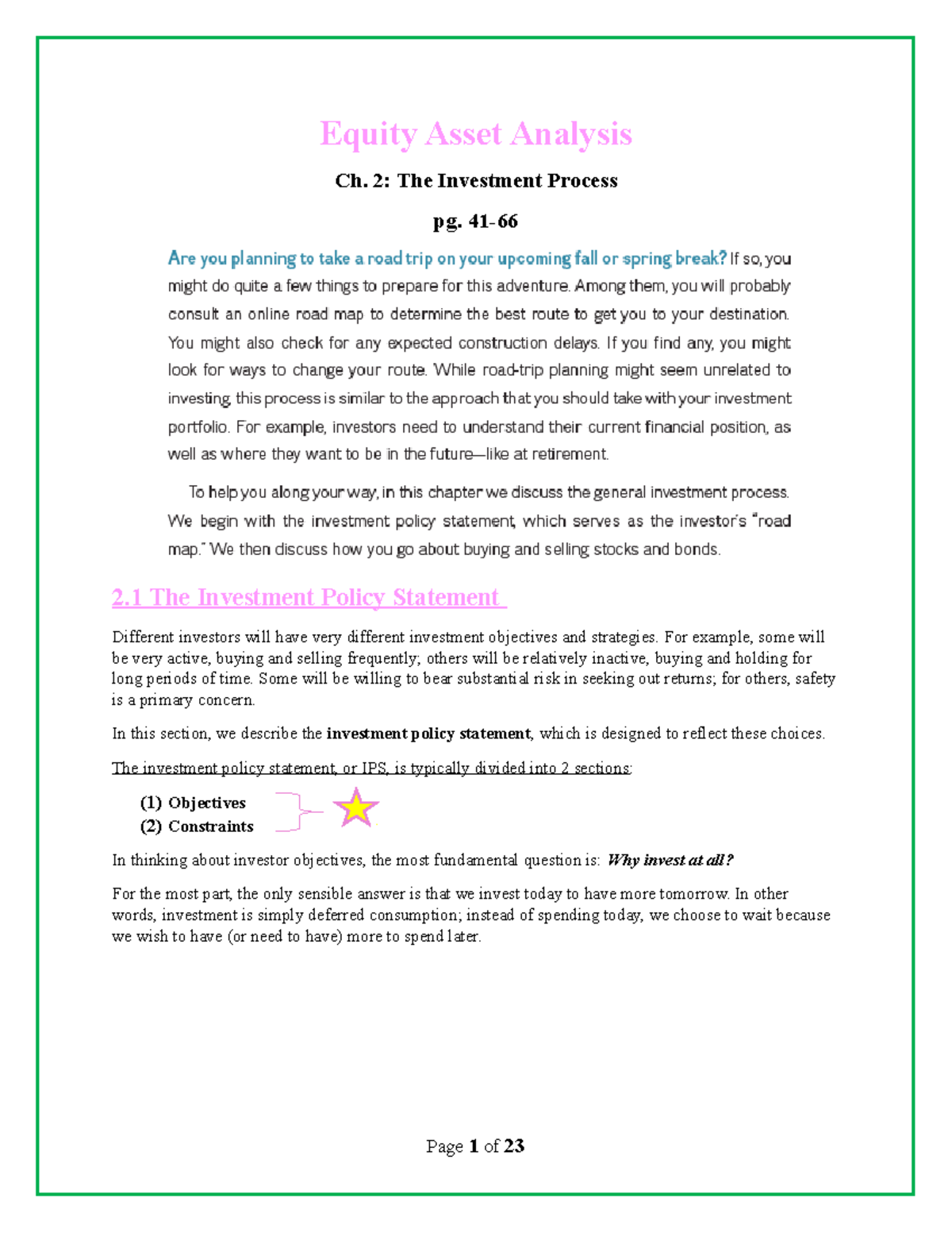 Equity Asset Analysis Ch. 2 Note - Equity Asset Analysis Ch. 2: The ...