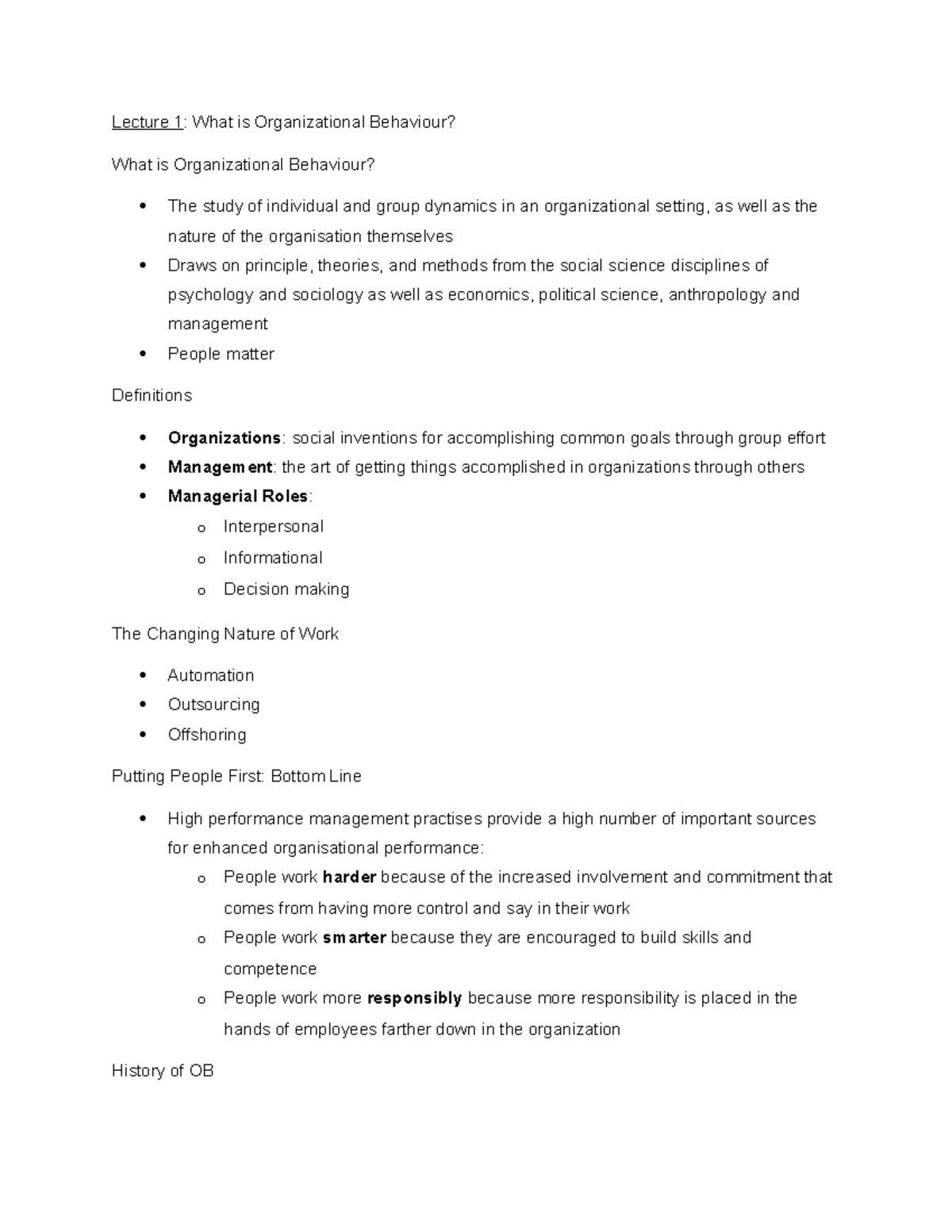 Organizational Behaviour Notes - Psych 238 - Lecture 1: What is ...