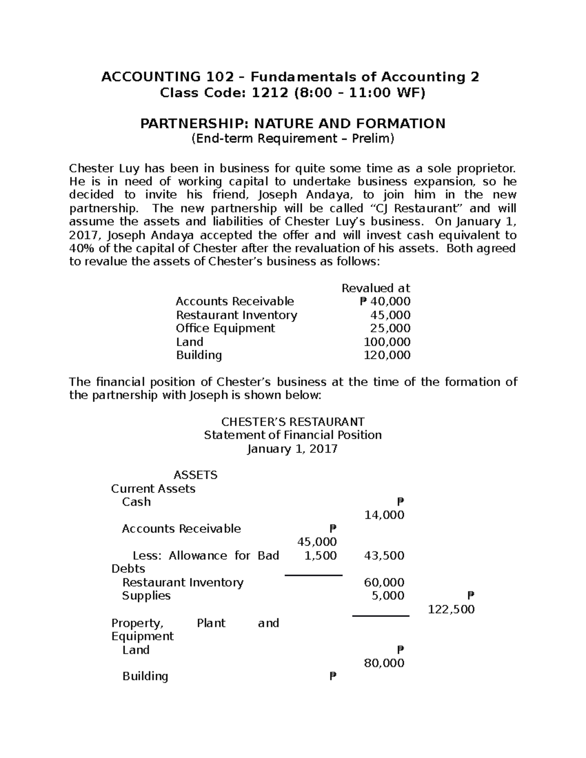 Partnership Formation - ACCOUNTING 102 – Fundamentals of Accounting 2 ...