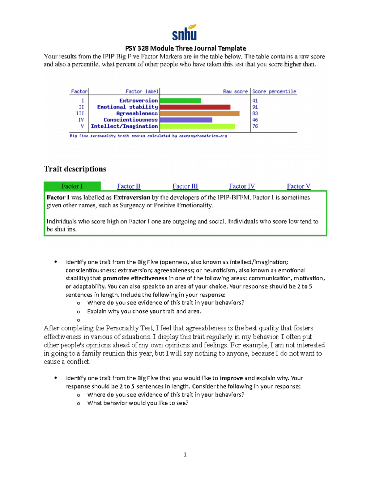 3-1 journal - PSY 328 Module Three Journal Template Identify one trait ...