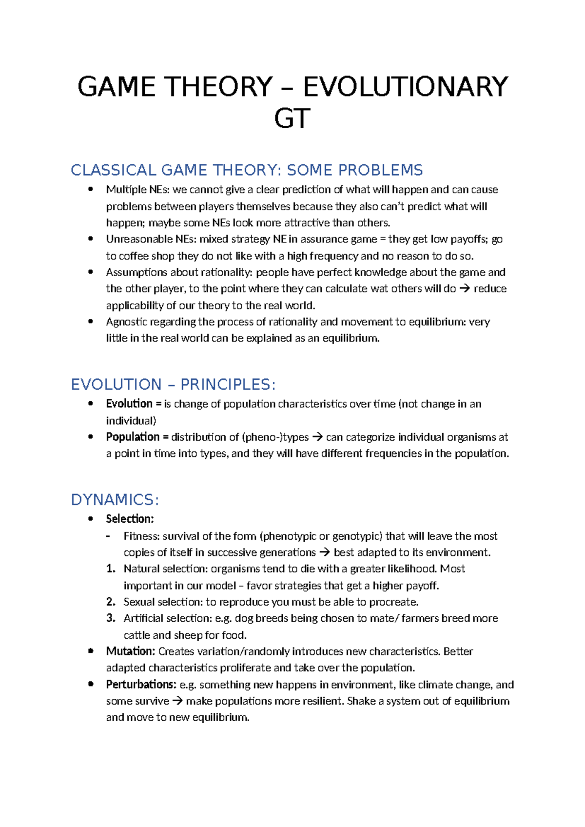 GT Evolutionary Game Theory - GAME THEORY – EVOLUTIONARY GT CLASSICAL ...
