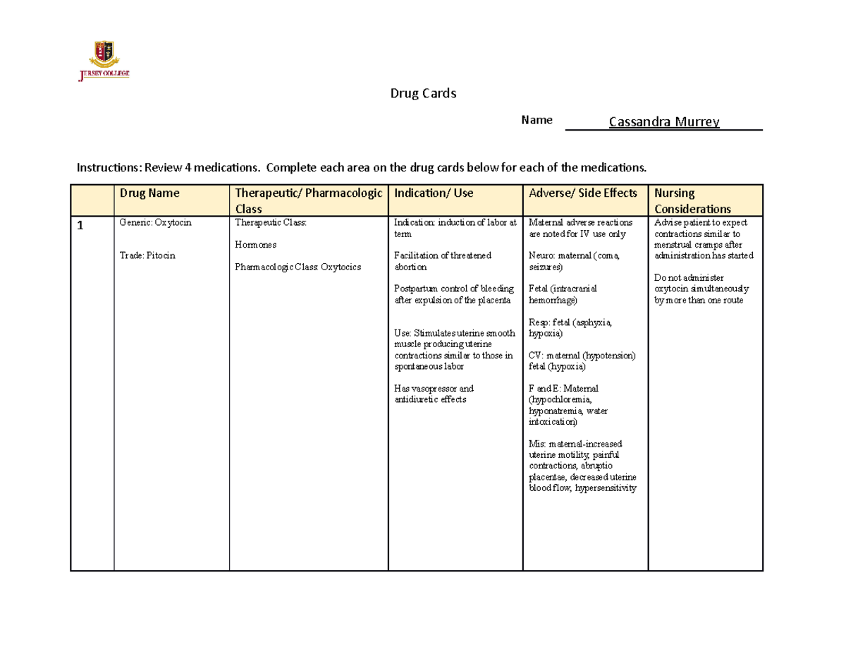 Week 4 maternal and newborn - Drug Cards Name Cassandra Murrey ...